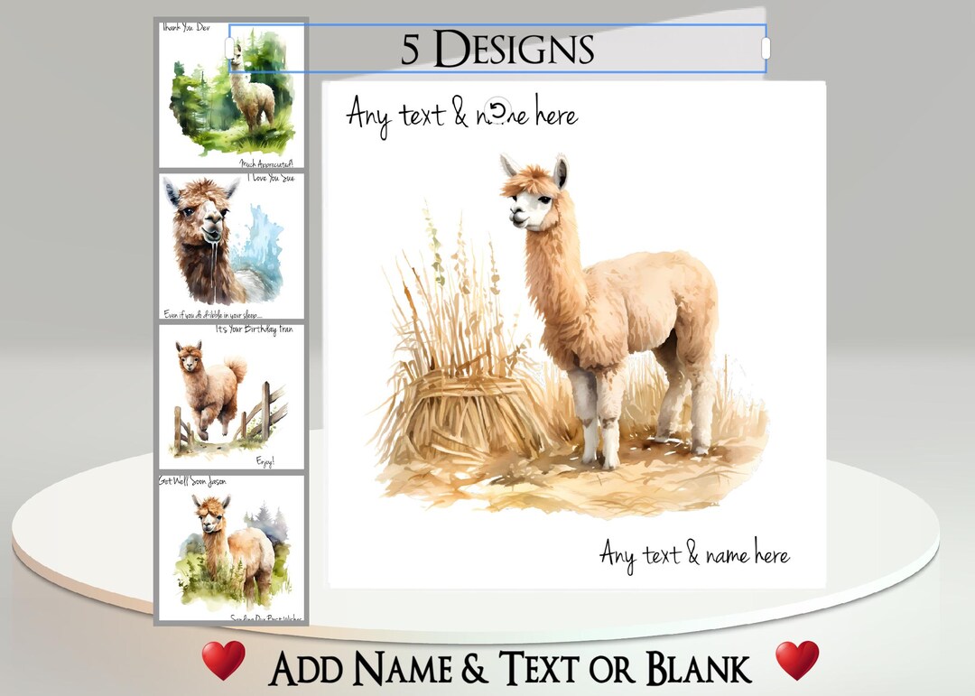 Llama Card: Add Your Text + Name, Inside Message, 5 Designs to Choose ...