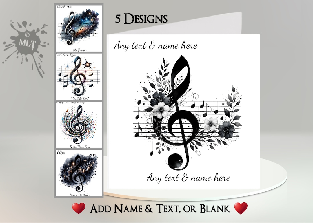 Musical Notes Card: Add Your Text + Name ~ Inside Message ~ Treble Clef ...