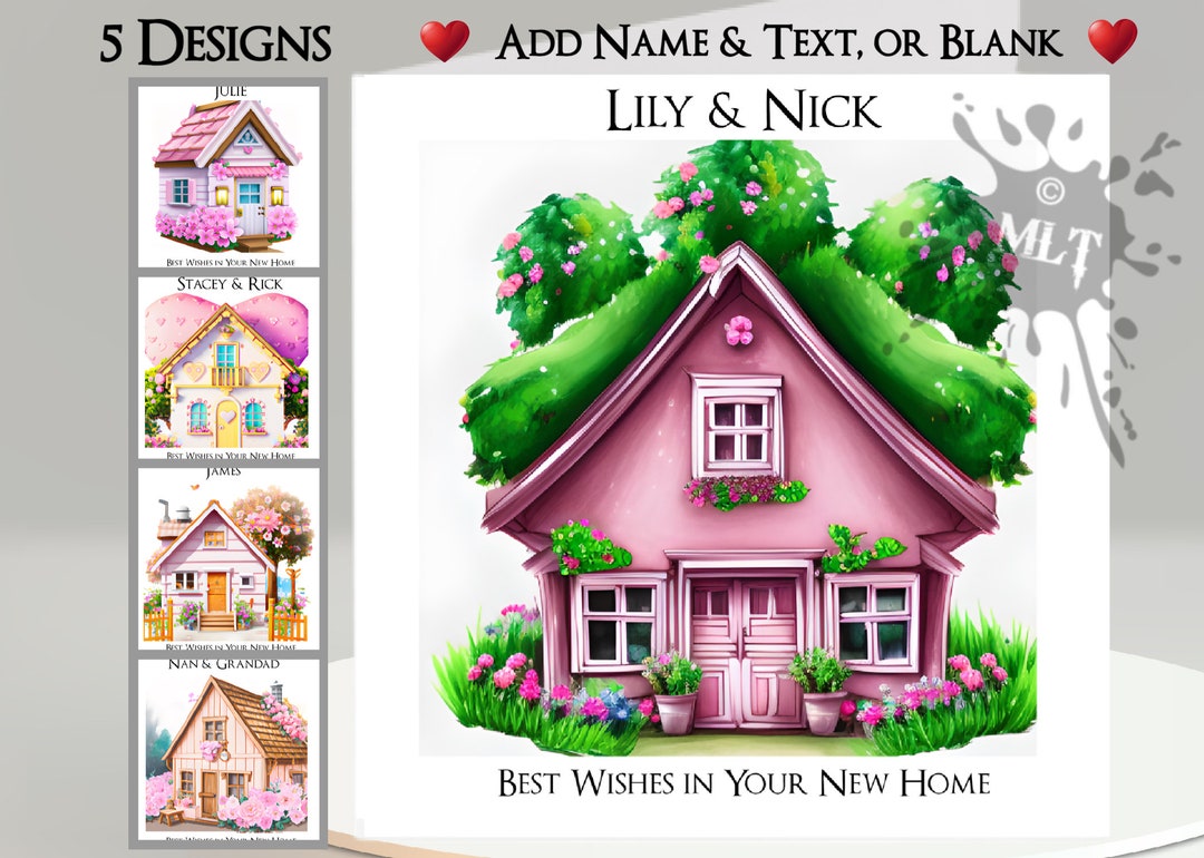 Pink House New Home Card: Add Your Name Text Add Your Name - Etsy