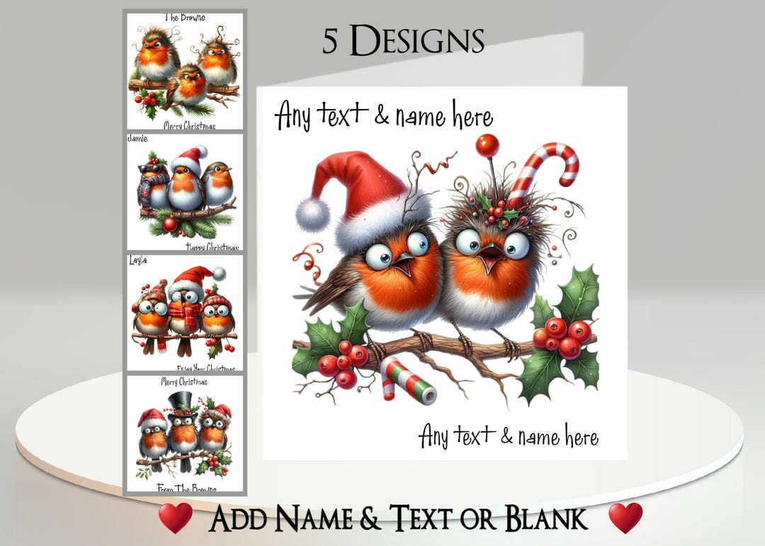 Christmas Card: Add Your Text + Name, Inside Message, 5 Designs, Robin ...