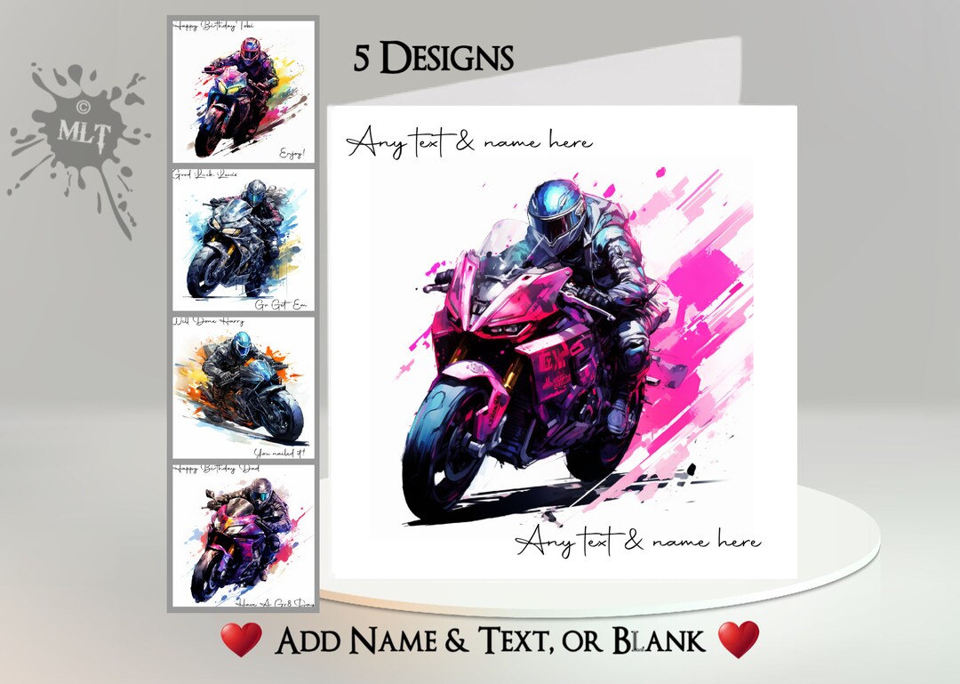 Motorbike Card: Add Your Text + Name ~ Inside Message ~ Personalised ...