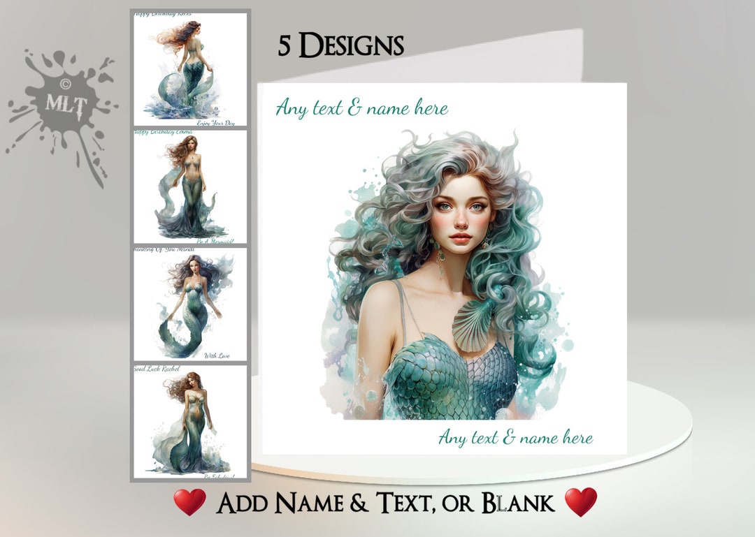 Mermaid Card: Add Your Text + Name ~ 5 Designs to Choose From ~ Inside ...