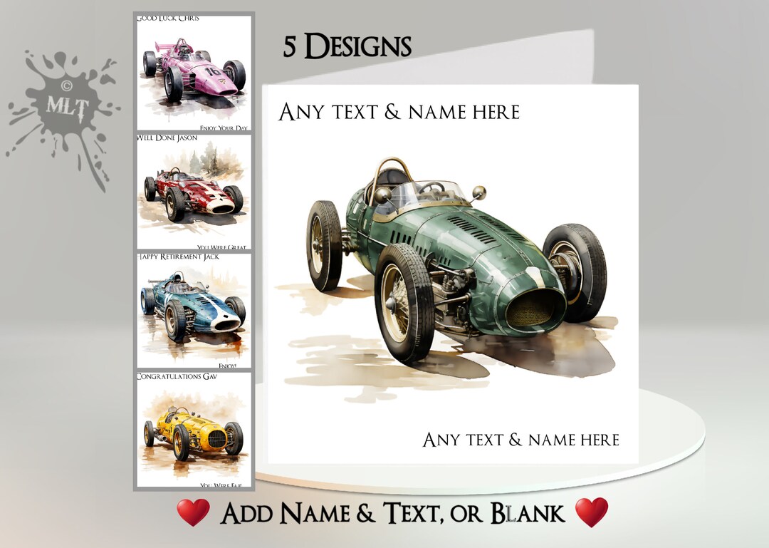 Vintage Racing Car Card: Add Your Text + Name ~ Inside Message ...