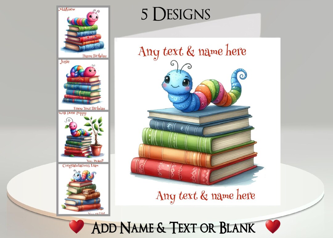 Book Worm Card: Add Your Text + Name, Inside Message, or Blank. Quirky ...