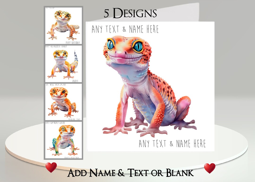 Gecko Card: Add Your Text + Name, Inside Message, or Blank. 5 Designs ...