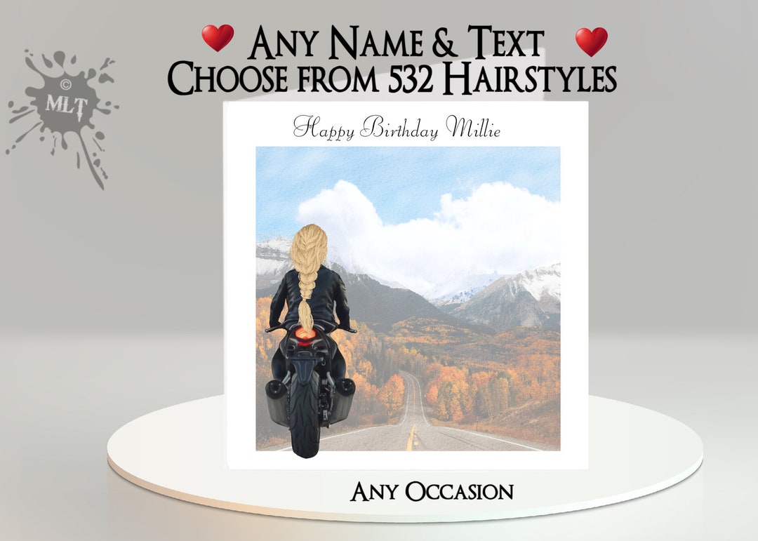 Female Biker Card: Add Your Message, Name, Choose Hair ~ Inside Message ...