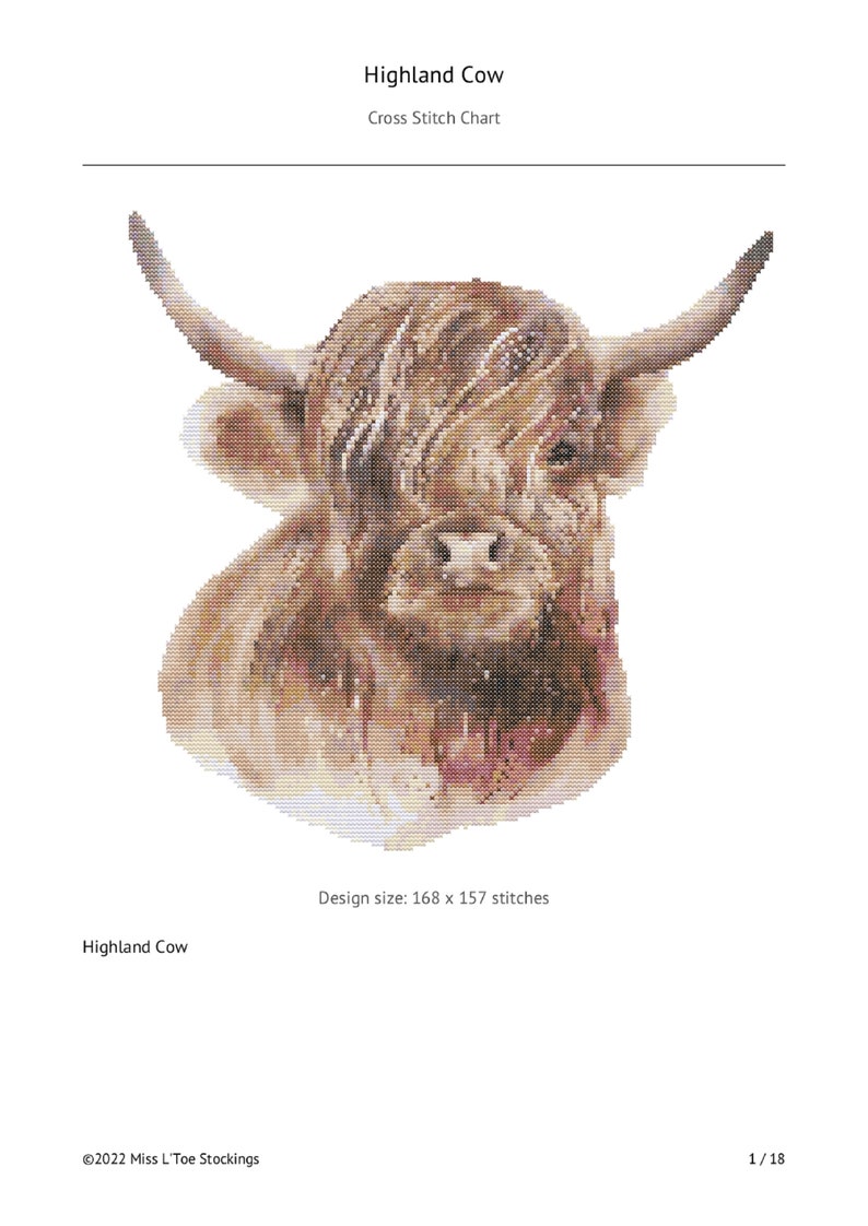 Highland Cow Counted Cross Stitch Chart: Instant PDF Download. Coloured ...