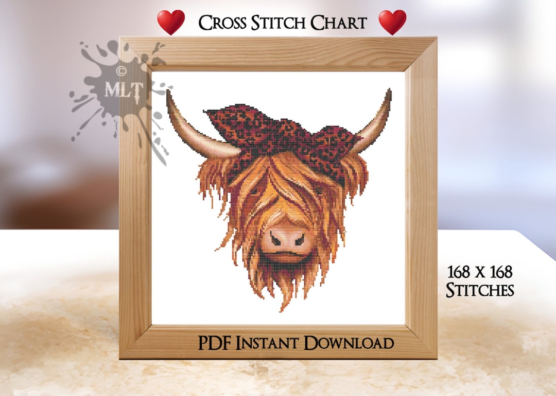 Highland Cow Counted Cross Stitch Chart: Instant PDF Download. Coloured ...