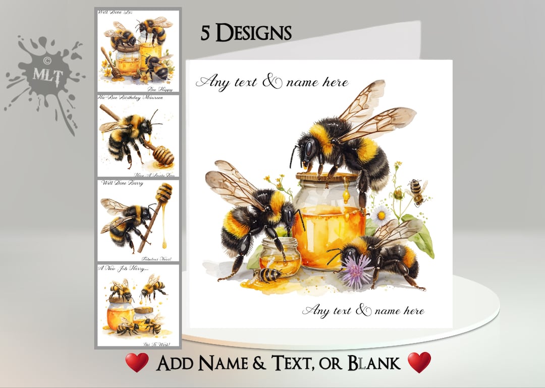 Bee Card: Add Your Text + Name, Inside Message, or Blank. 5 Designs ...