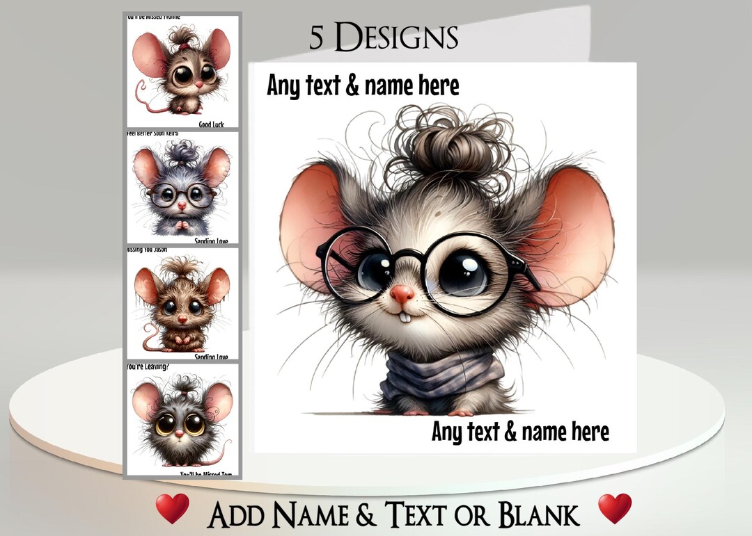 Quirky Mouse Card: Add Your Text + Name, Inside Message, or Blank. 5 ...