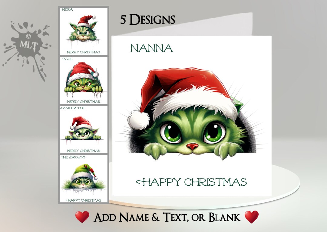 Green Peeking Cat Christmas Card: Add Your Text Name - Etsy