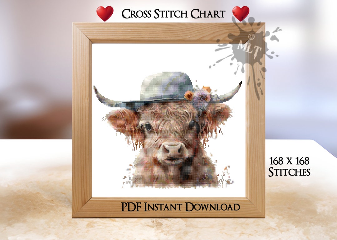 Highland Cow Counted Cross Stitch Chart: Instant PDF Download. Coloured ...