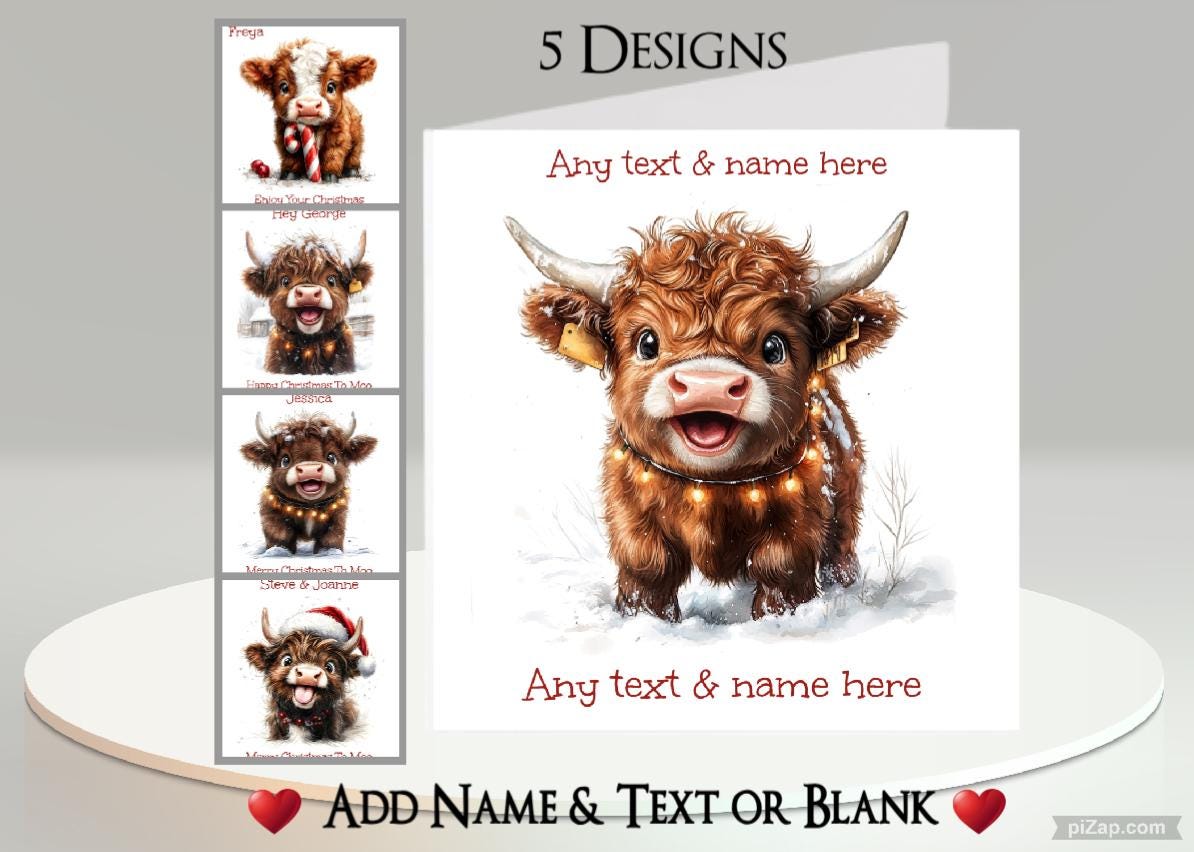 Christmas Highland Cow Card: Add Your Text + Name, Inside Message, 5 ...