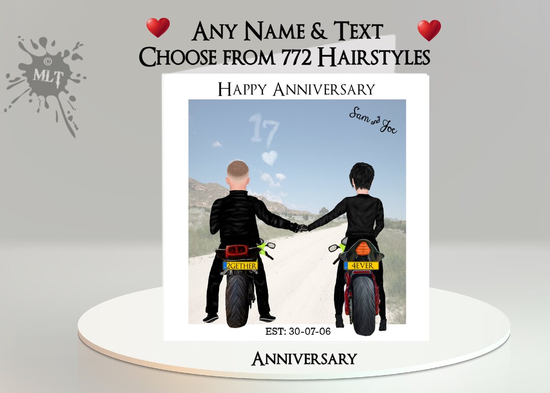 Biker Anniversary Card: Add Your Text, Names + Date, Choose Hair ...