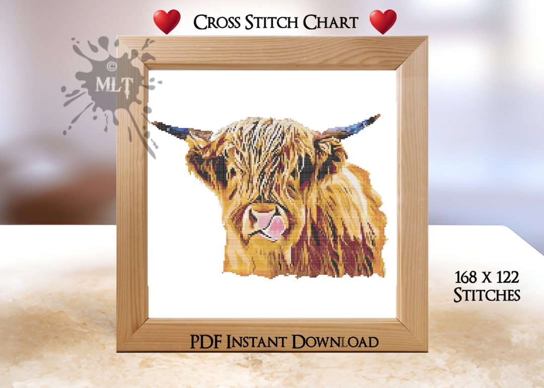 Highland Cow Counted Cross Stitch Chart: Instant PDF Download. Coloured ...