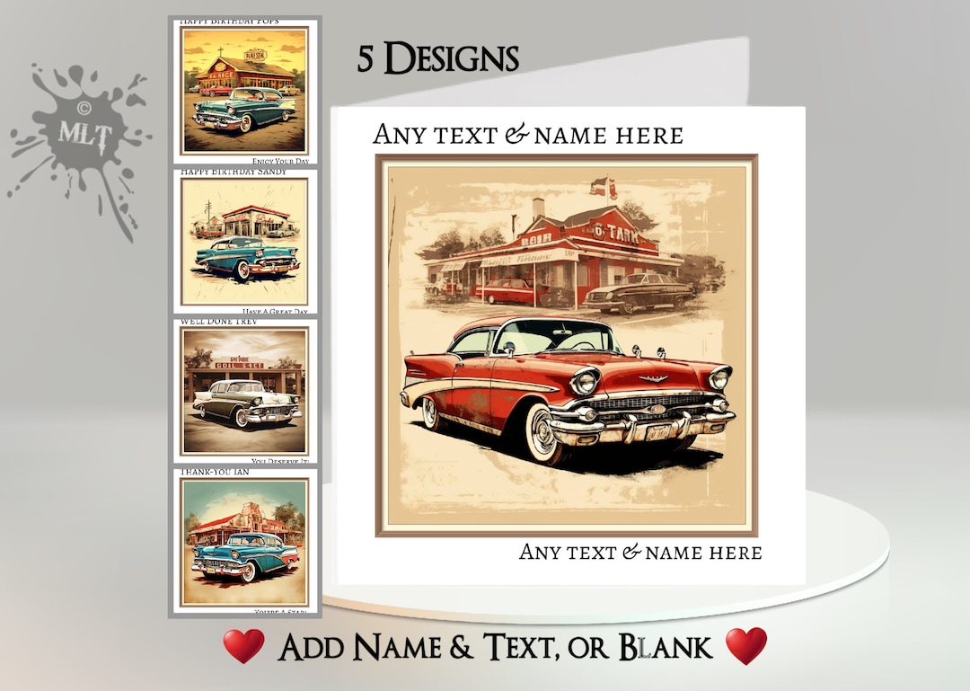Vintage Car Card: Add Your Text + Name ~ Inside Message ~ Personalised ...