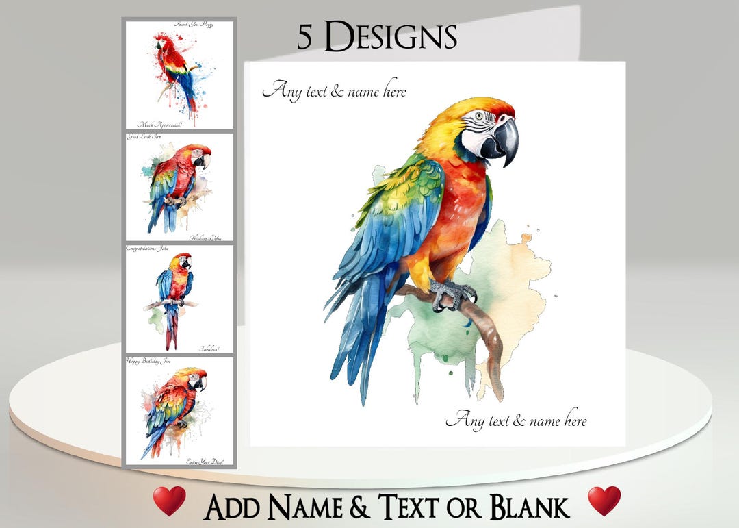 Parrot Card: Add Your Text + Name, Inside Message, 5 Designs to Choose ...