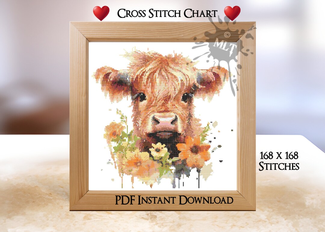 Highland Cow Counted Cross Stitch Chart: Instant PDF Download. Coloured ...