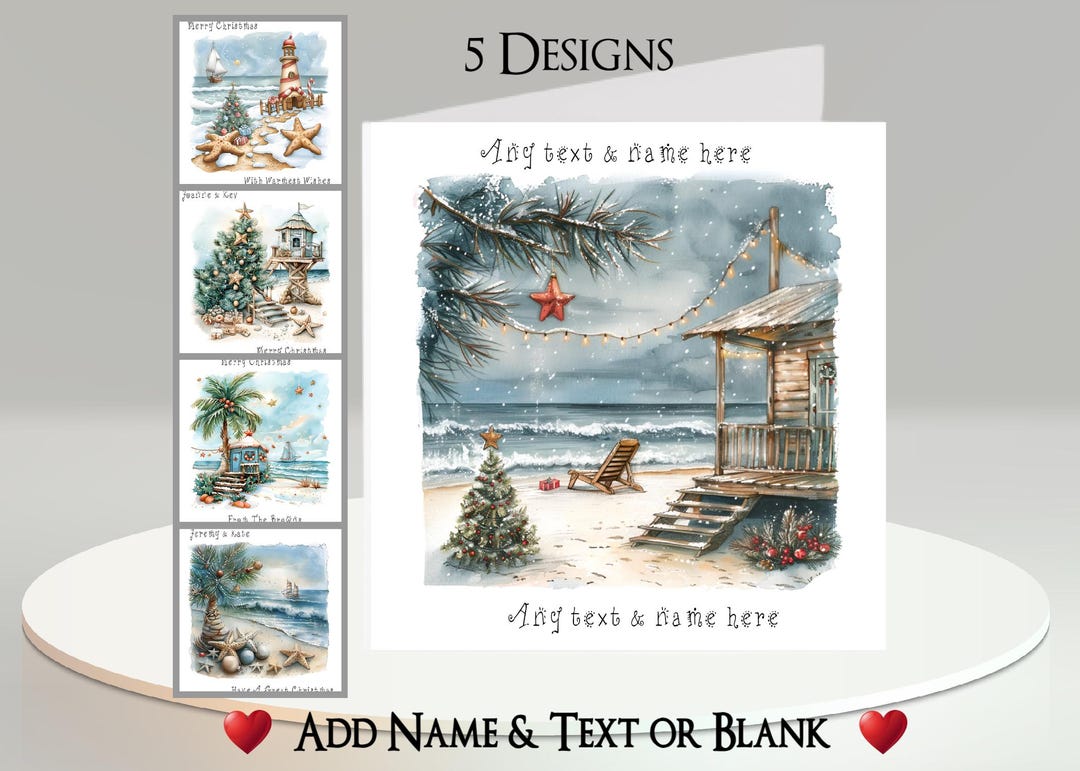 Christmas Beach Card: Add Your Text + Name, Inside Message, 5 Designs ...