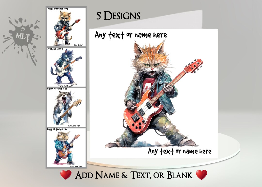 Rockin' Cat Card: Add Your Text + Name ~ Inside Message ~ Cat, Kitten ...