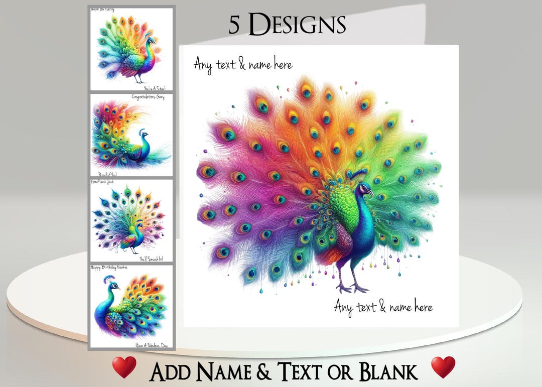Peacock Card: Add Your Text + Name, Inside Message, 5 Designs to Choose ...