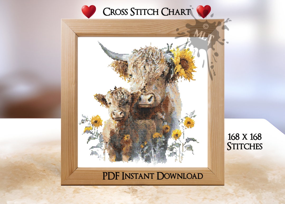 Highland Cow Counted Cross Stitch Chart: Instant PDF Download. Coloured ...