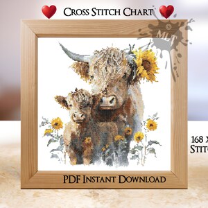 Highland Cow Counted Cross Stitch Chart: Instant PDF Download. Coloured ...