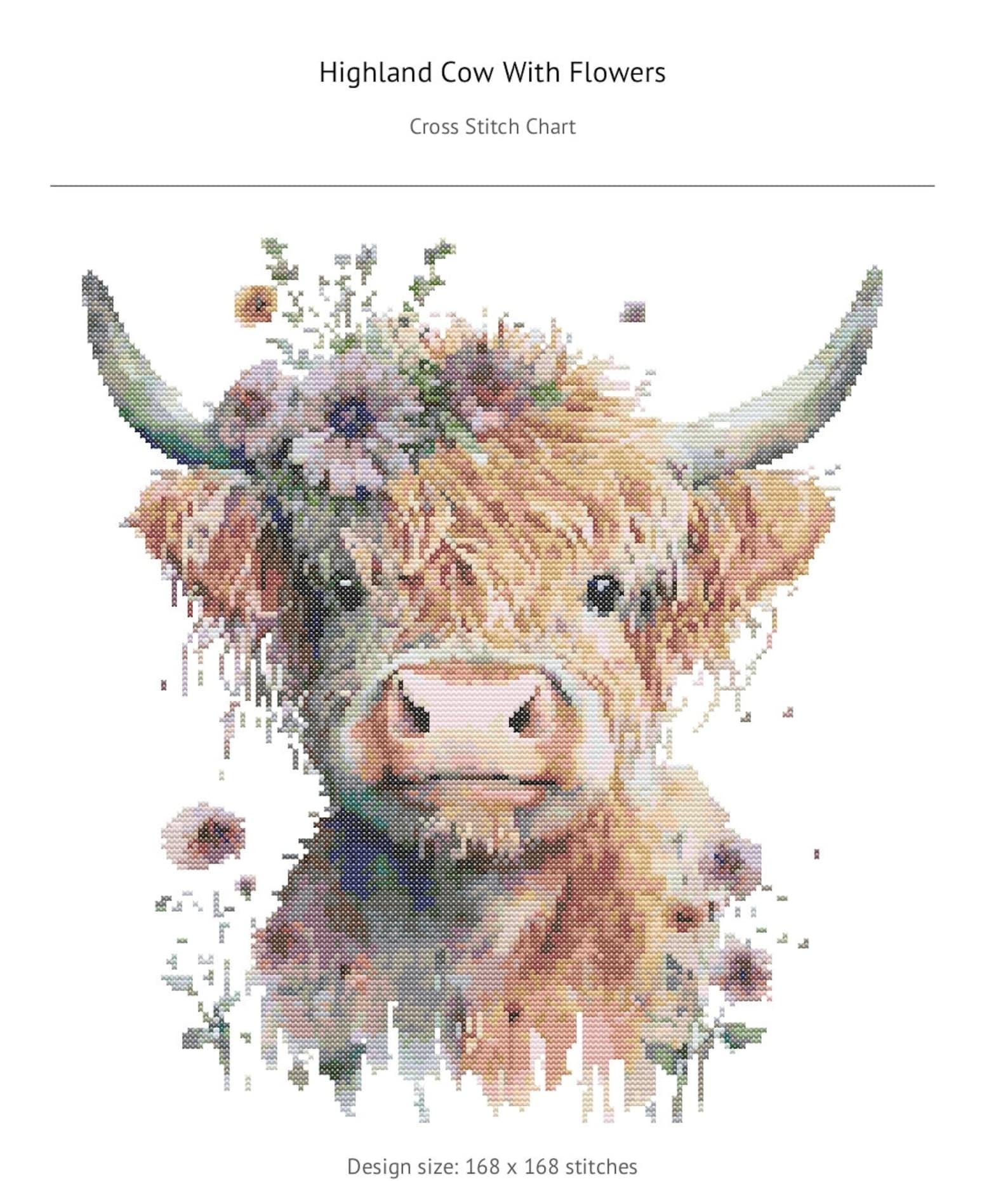 Highland Cow Counted Cross Stitch Chart: Instant PDF Download. Coloured ...