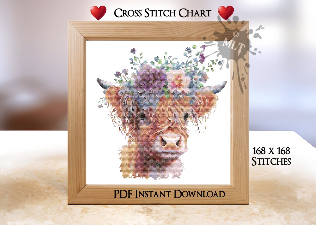 Highland Cow Counted Cross Stitch Chart: Instant PDF Download. Coloured ...