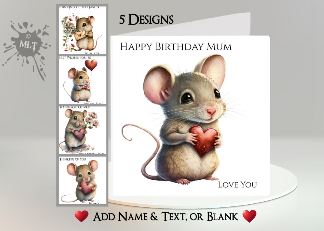 Heart Mouse Card: Add Your Text + Name, Inside Message, or Blank. 5 ...