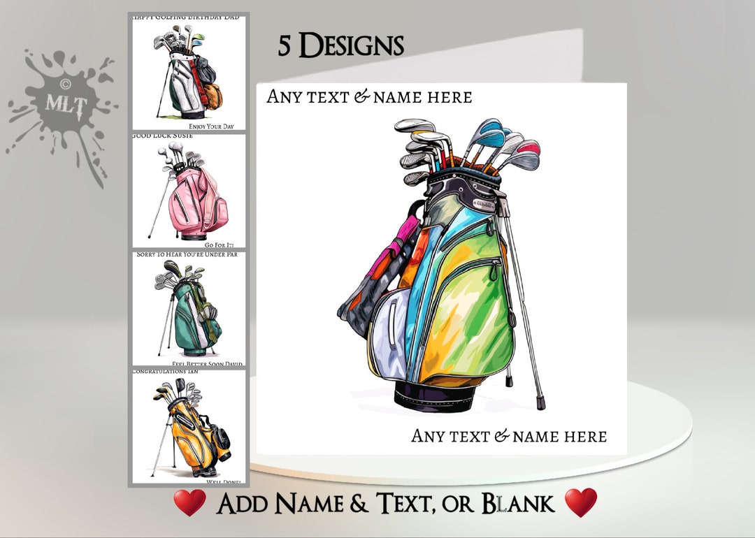 Golf Card: Add Your Text + Name, Inside Message, 5 Designs. Golf Bag ...