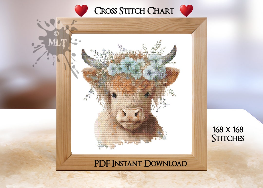 Highland Cow Counted Cross Stitch Chart: Instant PDF Download. Coloured ...