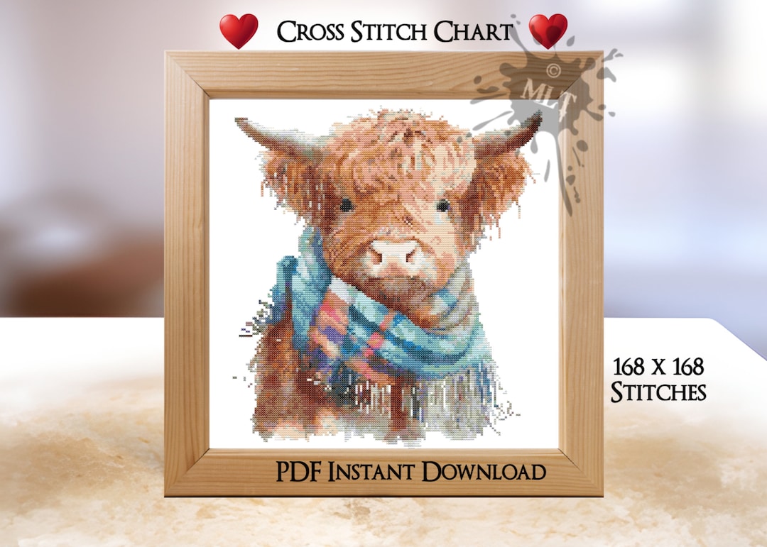 Highland Cow Counted Cross Stitch Chart: Instant PDF Download. Coloured ...