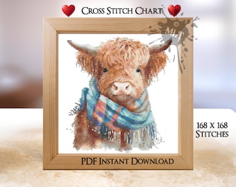 Highland Cow Counted Cross Stitch Chart: Instant PDF Download. Coloured ...