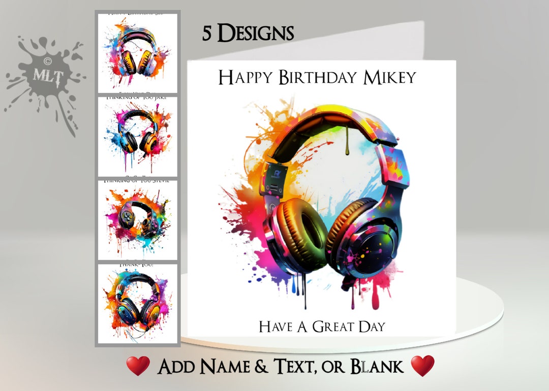 Headphones Card: Add Your Text + Name ~ Inside Message ~ 5 Designs to ...