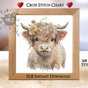 Highland Cow Counted Cross Stitch Chart: Instant PDF Download. Coloured ...