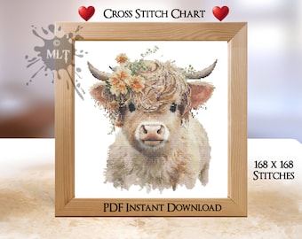 Highland Cow Counted Cross Stitch Chart: Instant PDF Download. Coloured ...