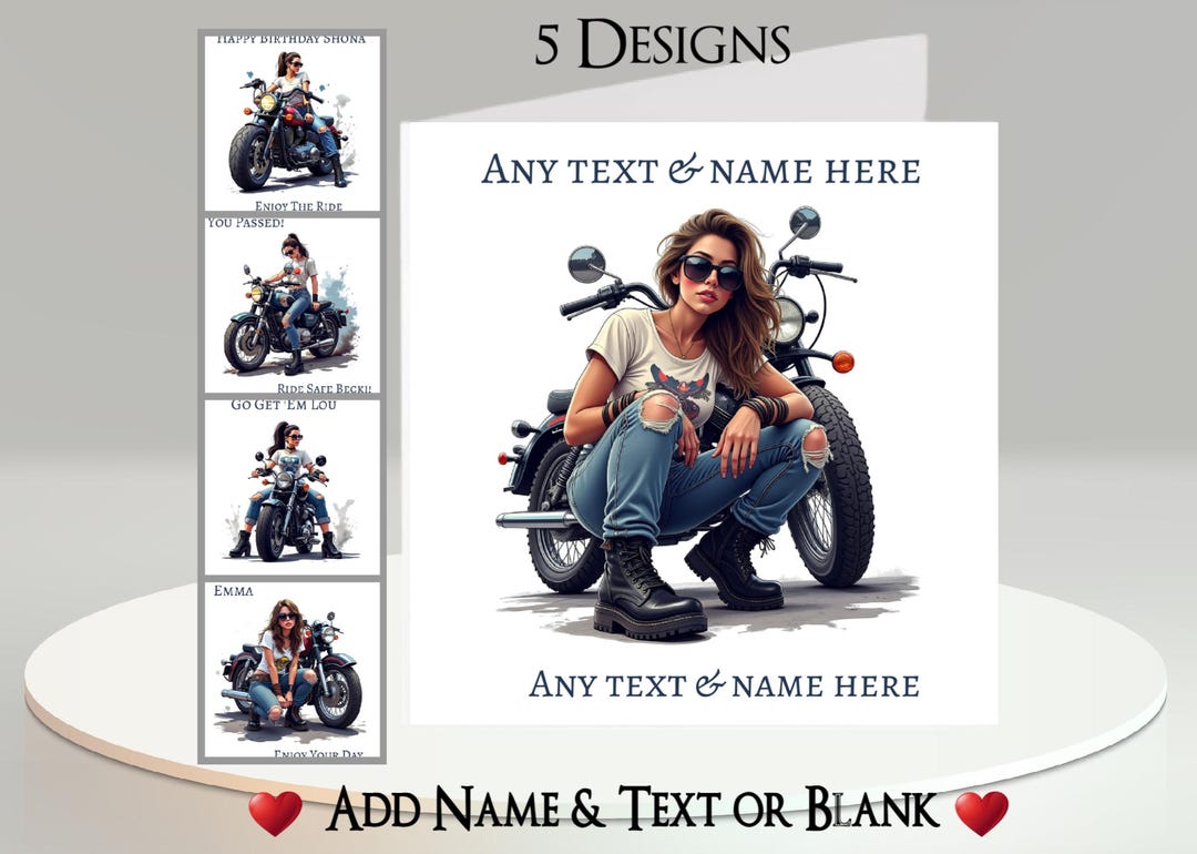 Biker Girl Card: Add Your Text + Name, Inside Message, or Blank. 5 ...