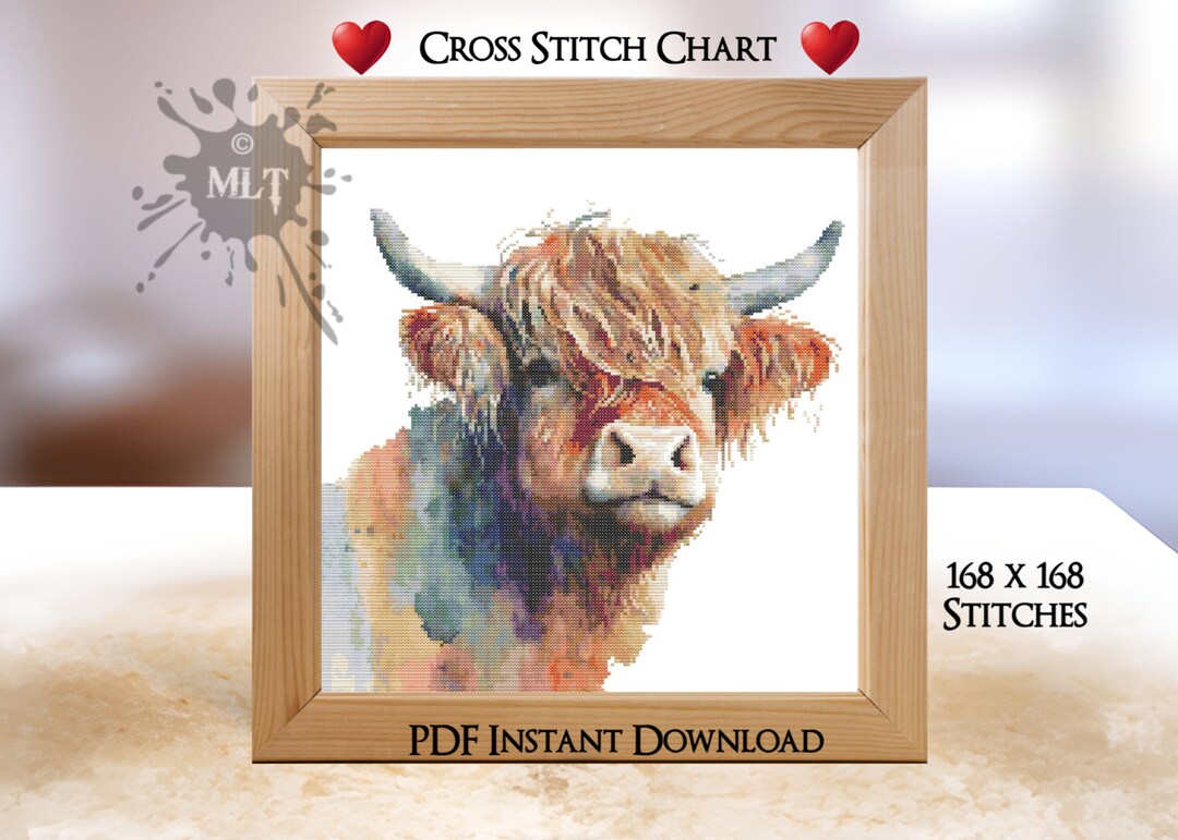 Highland Cow Counted Cross Stitch Chart: Instant PDF Download. Coloured ...