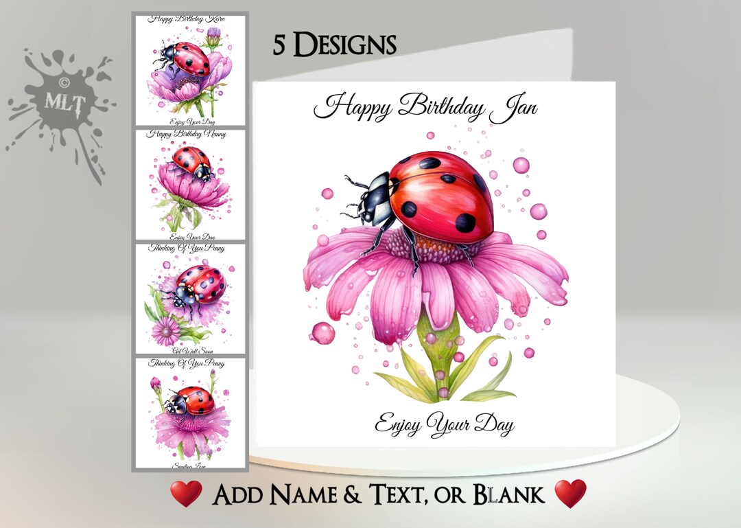 Ladybird Card: Add Your Text + Name, Inside Message, 5 Designs ...