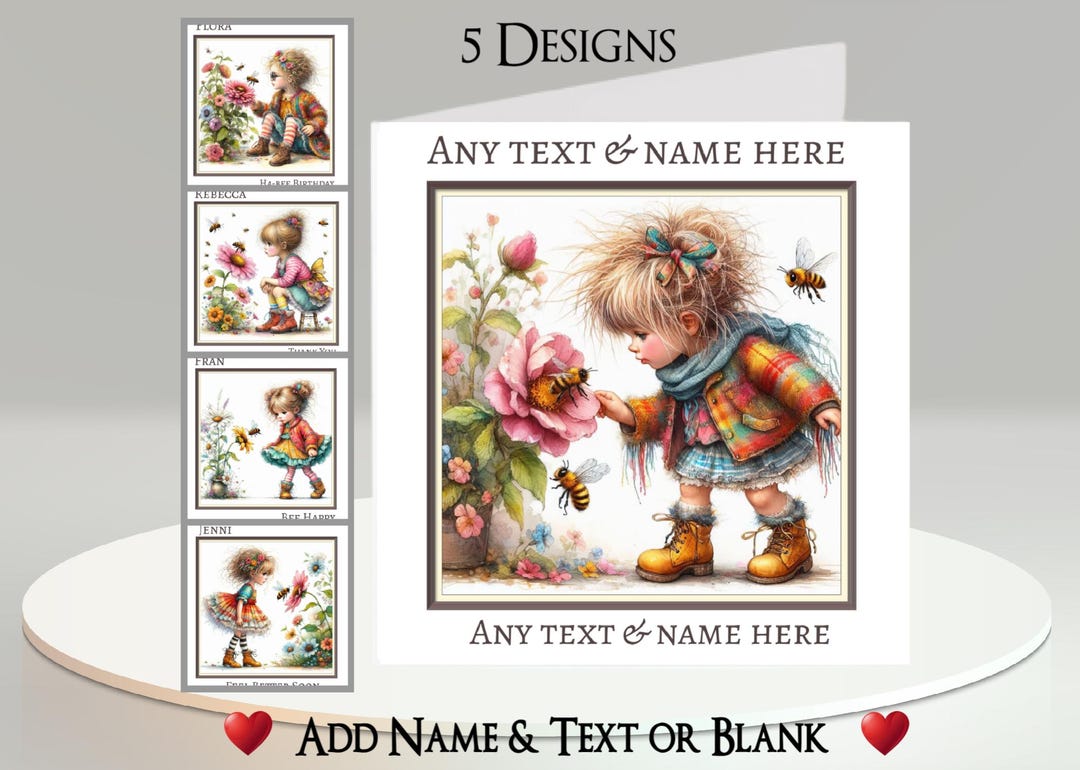 Bee Girl Card: Add Your Name + Text, Inside Message, 5 Designs. Quirky ...