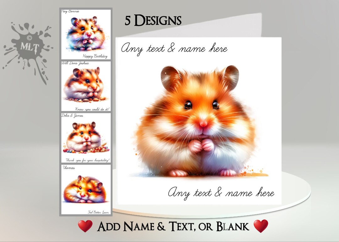 Hamster Card: Add Your Text + Name, Inside Message, or Blank. 5 Designs ...