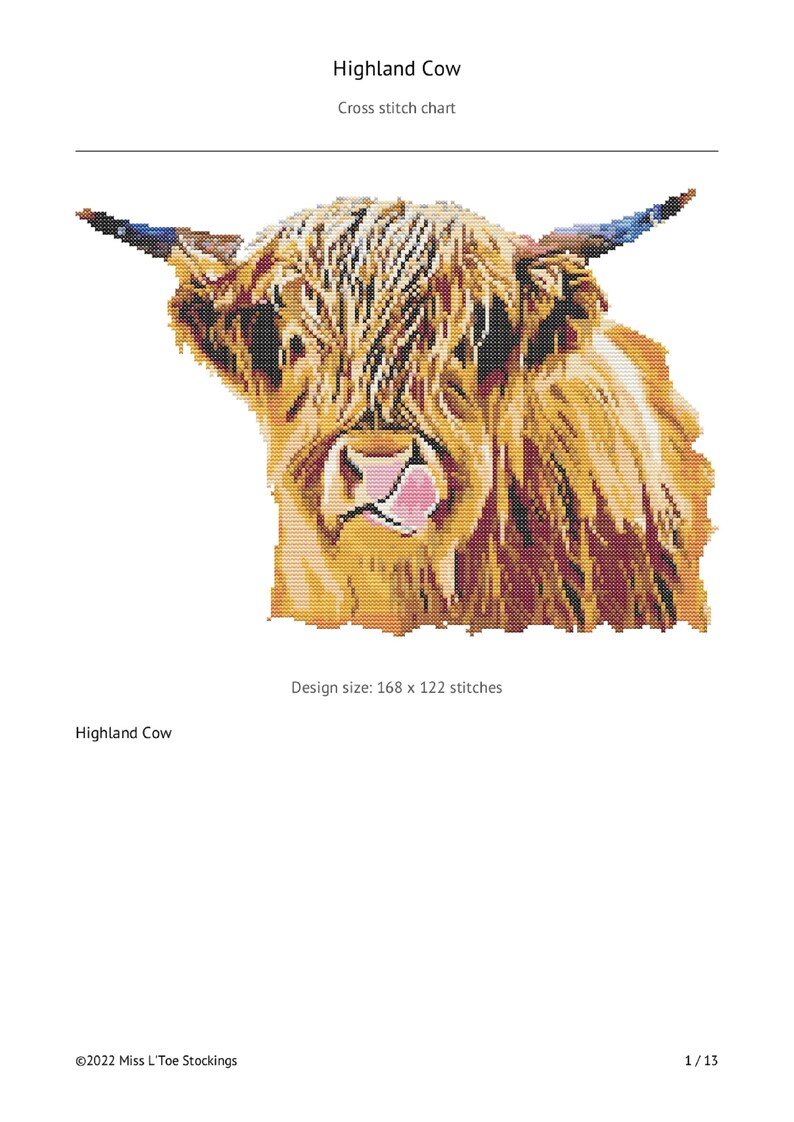 Highland Cow Counted Cross Stitch Chart: Instant PDF Download. Coloured ...