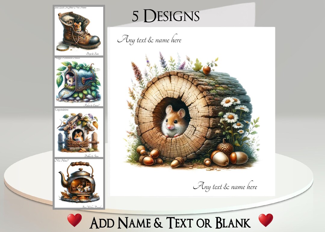 Cosy Mouse Card: Add Your Text + Name, Inside Message, or Blank. 5 ...