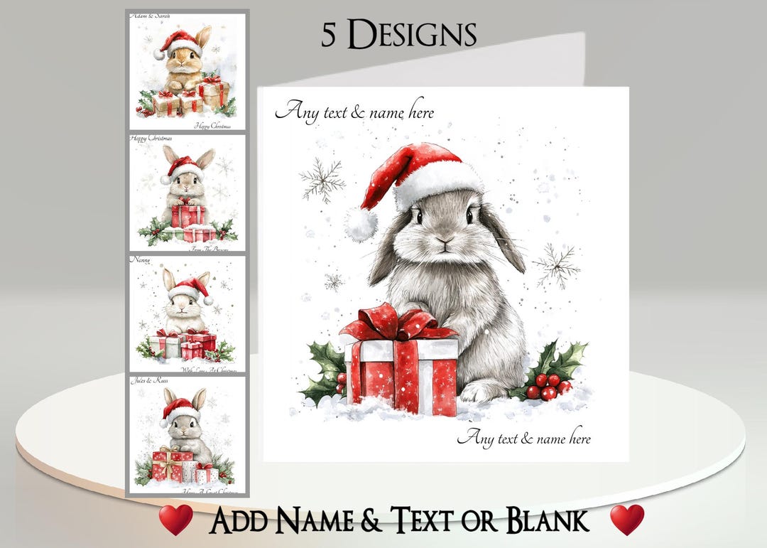 Christmas Rabbit Card: Add Your Text + Name, Inside Message, 5 Designs ...