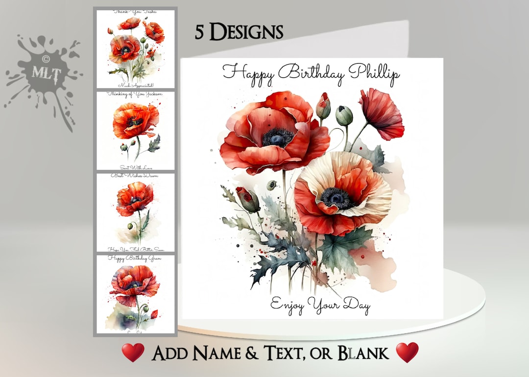 Poppy Card: Add Your Text + Name, Inside Message, or Blank. 5 Designs ...