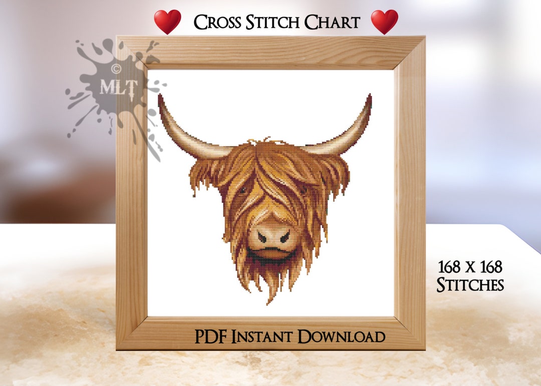 Highland Cow Counted Cross Stitch Chart: Instant PDF Download. Coloured ...