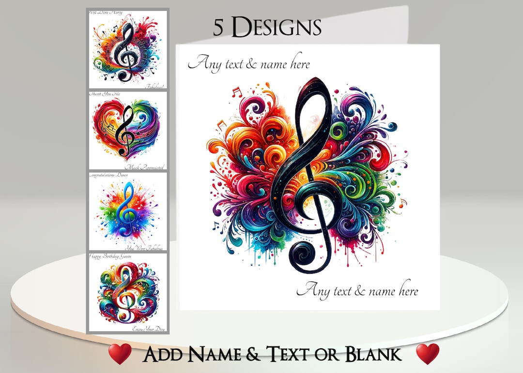 Musical Notes Card: Add Your Text + Name, Inside Message, or Blank. 5 ...