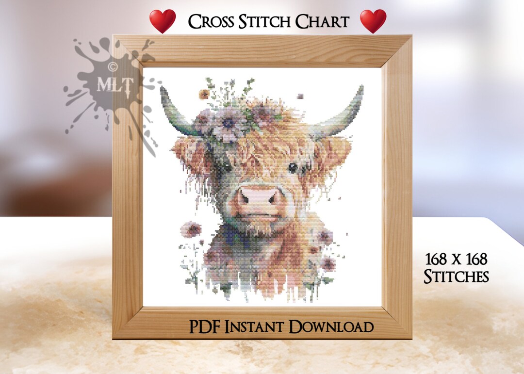 Highland Cow Counted Cross Stitch Chart: Instant PDF Download. Coloured ...