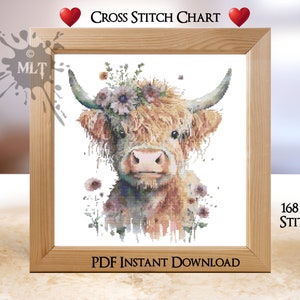 Highland Cow Counted Cross Stitch Chart: Instant PDF Download. Coloured ...